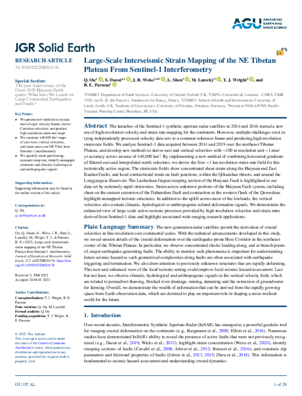 (PDF) Large‐Scale Interseismic Strain Mapping of the NE Tibetan Plateau ...
