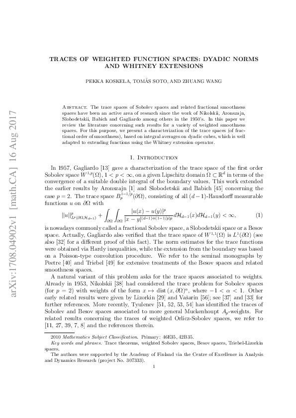 (PDF) Traces of weighted function spaces: Dyadic norms and Whitney extensions