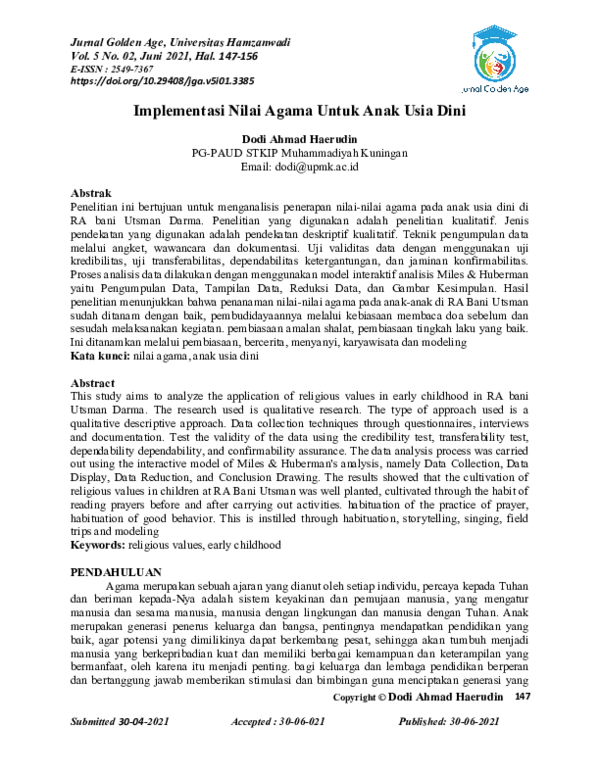 (PDF) Implementasi Nilai Agama Untuk Anak Usia Dini