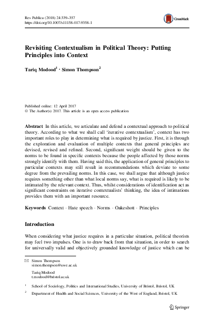 (PDF) Revisiting Contextualism in Political Theory: Putting Principles ...