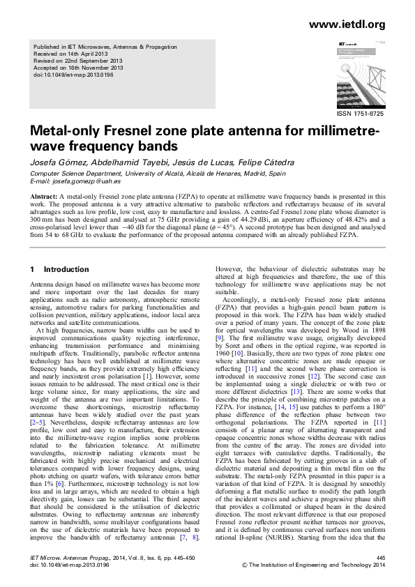 (PDF) Metal‐only Fresnel zone plate antenna for millimetre‐wave frequency bands