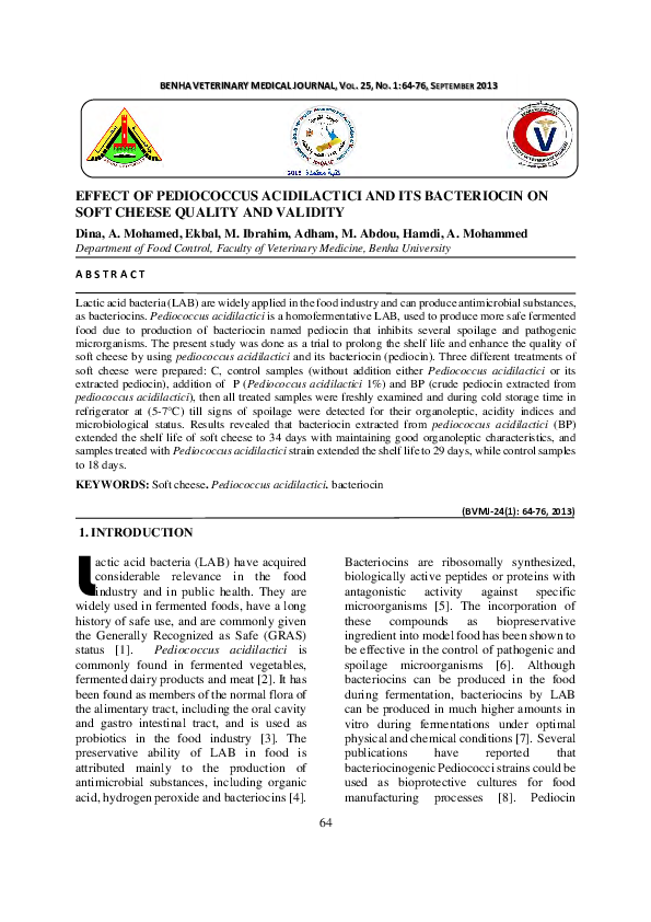 (PDF) EFFECT OF PEDIOCOCCUS ACIDILACTICI AND ITS BACTERIOCIN ON SOFT CHEESE QUALITY AND VALIDITY ...