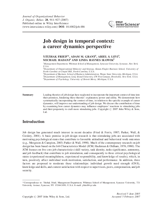 (PDF) Job design in temporal context: a career dynamics perspective