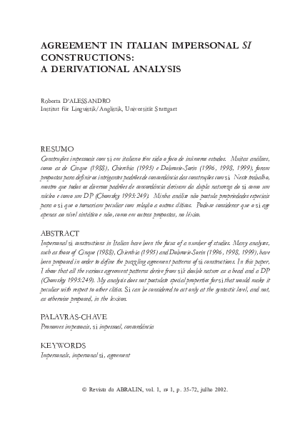 (PDF) Agreement in Italian Impersonal Si Constructions: A Derivational Analysis