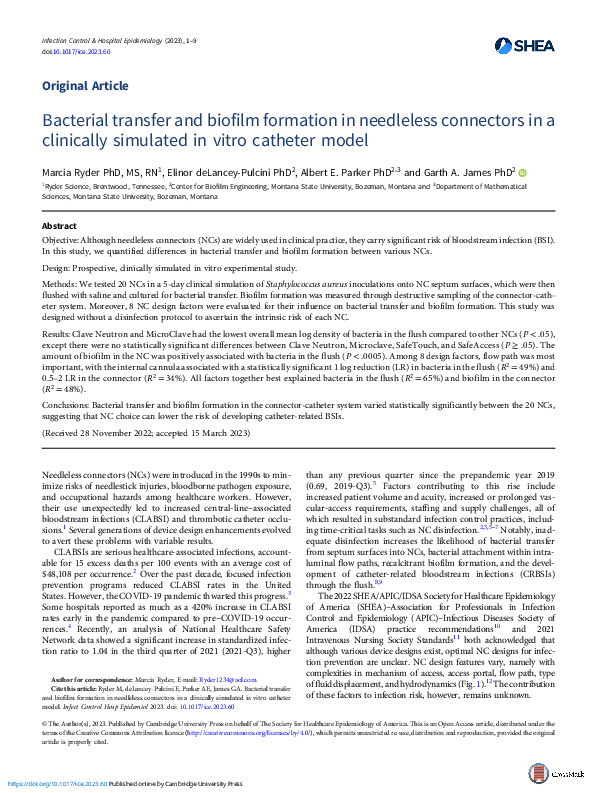 (PDF) Bacterial transfer and biofilm formation in needleless connectors ...