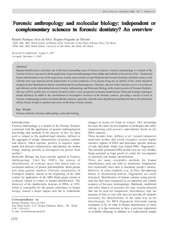 (PDF) Forensic anthropology and molecular biology: independent or ...