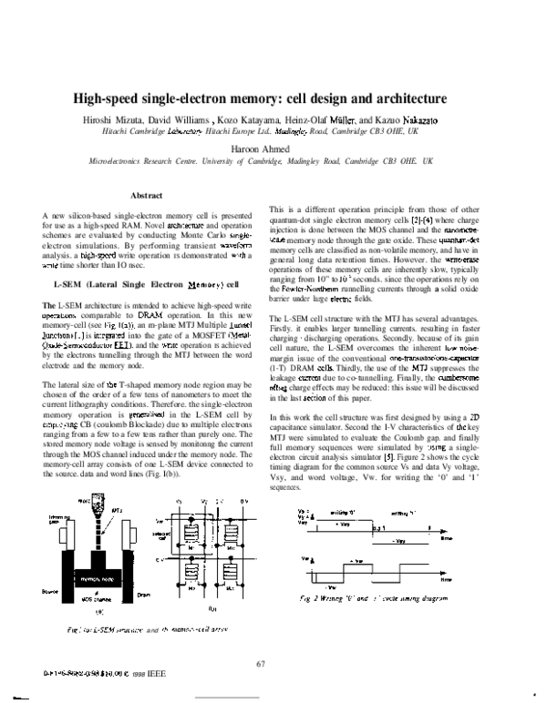 Pdf High Speed Single Electron Memory Cell Design And Architecture