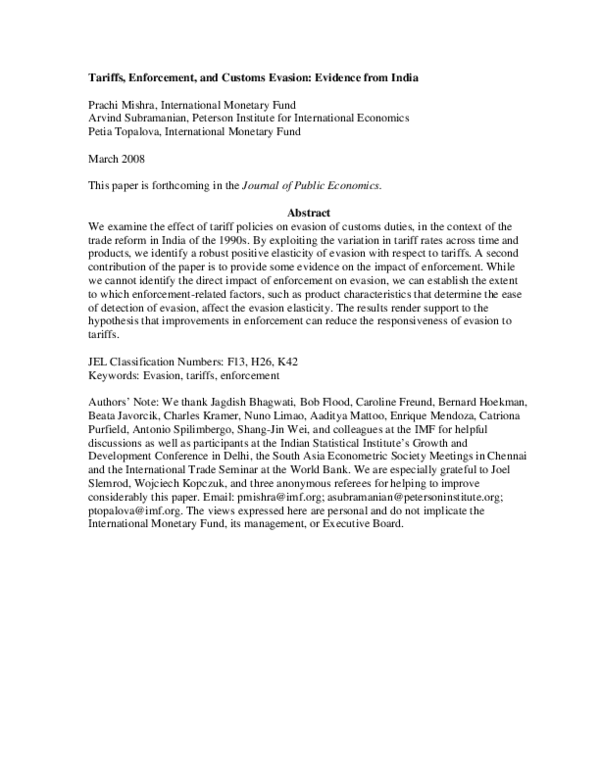 (PDF) Tariffs, enforcement, and customs evasion: Evidence from India