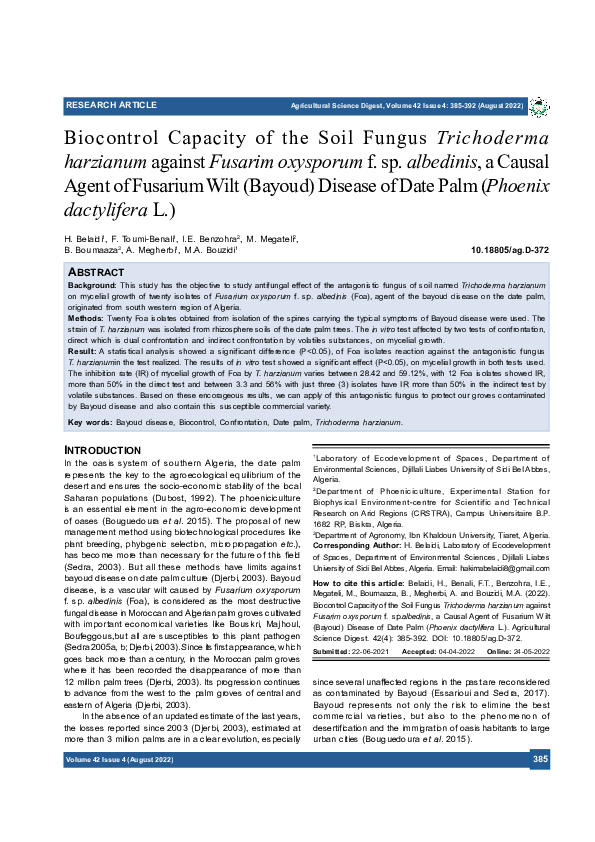(PDF) Biocontrol Capacity of the Soil Fungus Trichoderma harzianum against Fusarim oxysporum f ...