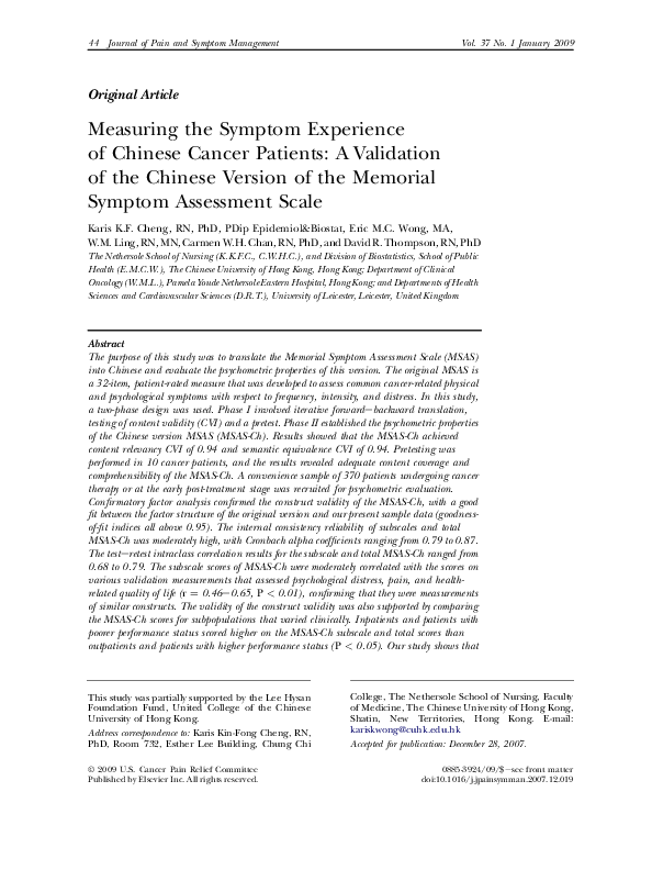 (PDF) Measuring the Symptom Experience of Chinese Cancer Patients: A ...