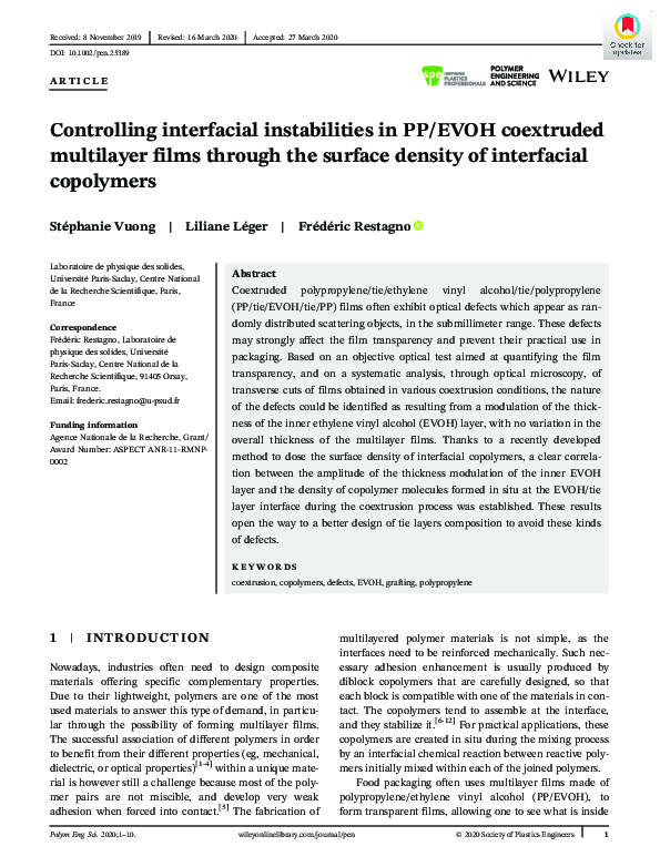 (PDF) Controlling interfacial instabilities in PP/EVOH coextruded ...