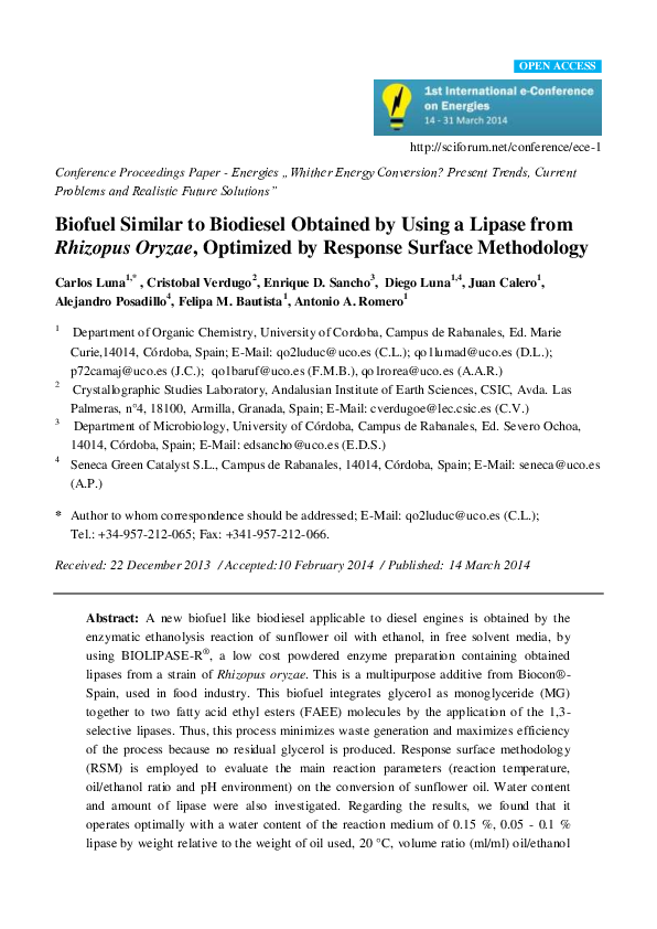(PDF) Biofuel Similar to Bodiesel Obtained by Using a Lipase from Rhizopus Oryzae, Optimized by ...