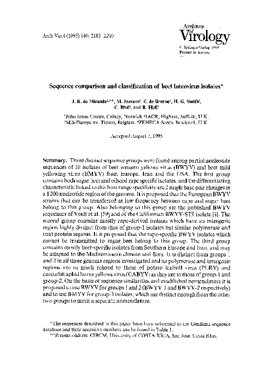(PDF) Sequence comparison and classification of beet luteovirus isolates