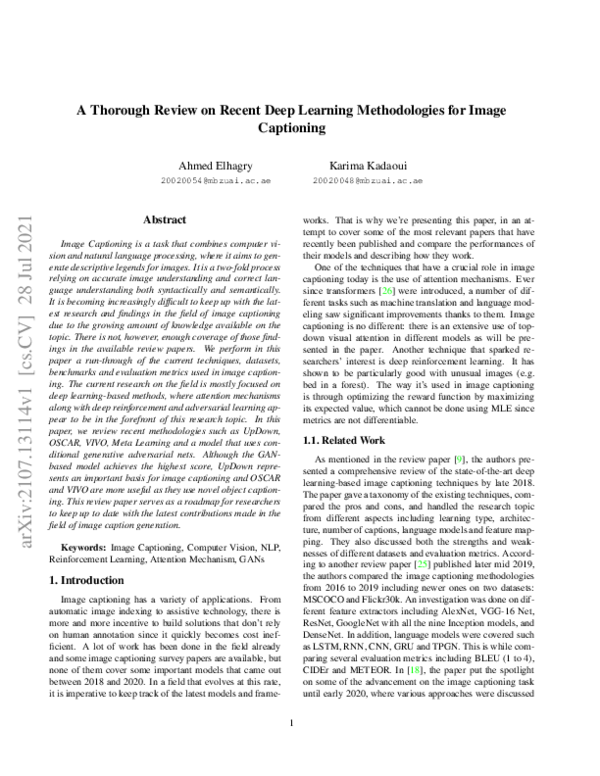 (PDF) A Thorough Review on Recent Deep Learning Methodologies for Image Captioning