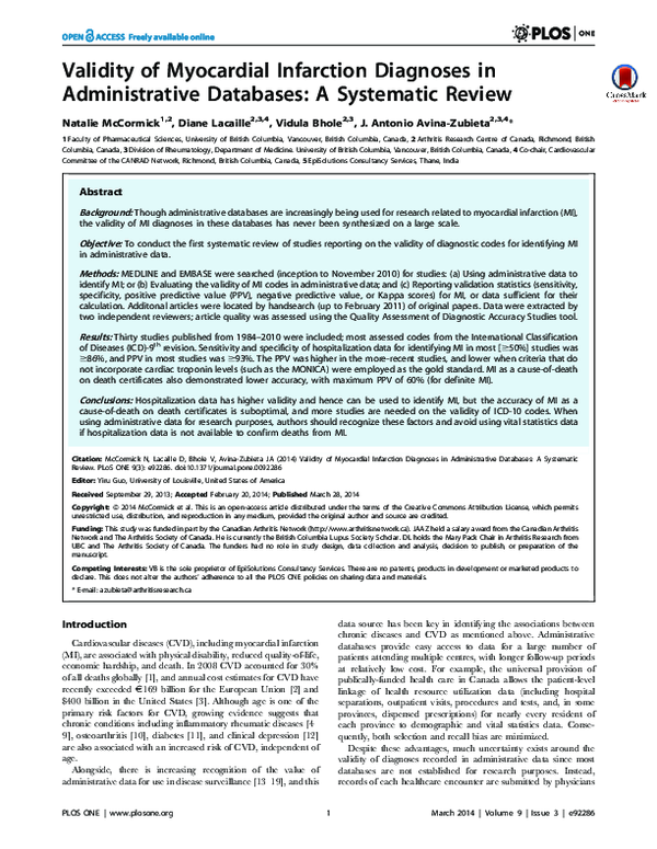 (PDF) Validity of Myocardial Infarction Diagnoses in Administrative Databases: A Systematic Review