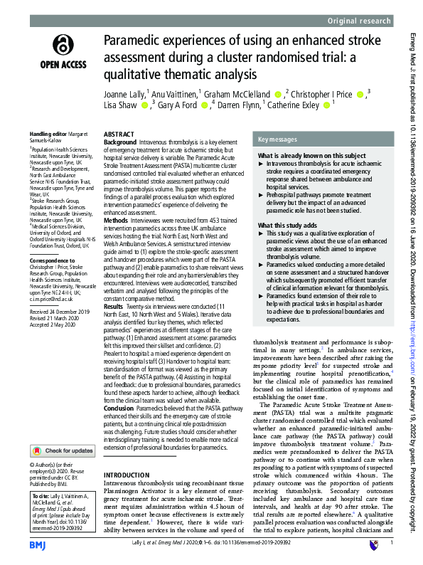 (PDF) Paramedic experiences of using an enhanced stroke assessment during a cluster randomised ...