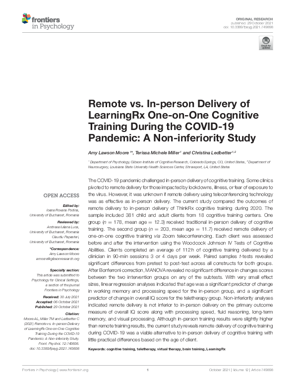 (PDF) Remote vs. In-person Delivery of LearningRx One-on-One Cognitive Training During the COVID ...