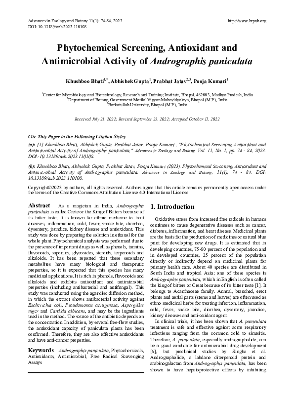 (PDF) Phytochemical Screening, Antioxidant and Antimicrobial Activity of Andrographis paniculata