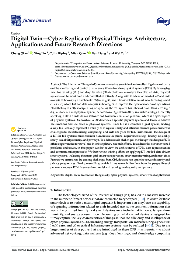 Pdf Digital Twin—cyber Replica Of Physical Things Architecture Applications And Future