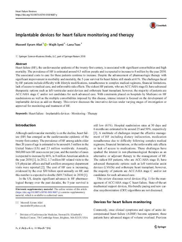 (PDF) Implantable devices for heart failure monitoring and therapy