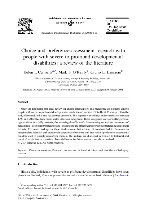 (PDF) Choice and preference assessment research with people with severe ...