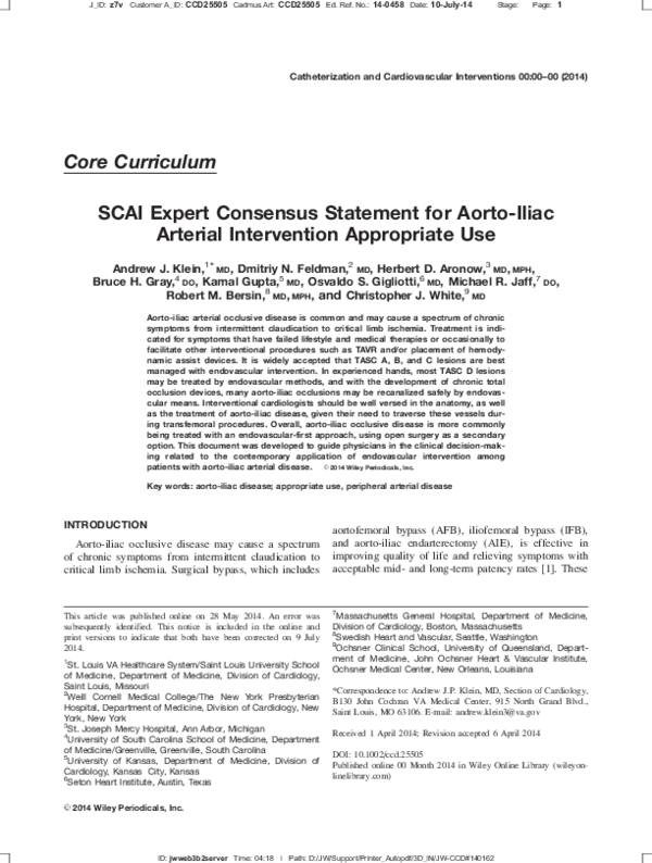 (PDF) SCAI expert consensus statement for aorto-iliac arterial intervention appropriate use