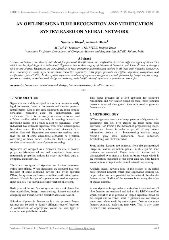 Pdf An Offline Signature Recognition And Verification System Based On