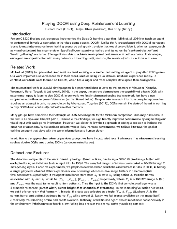 (PDF) Playing DOOM using Deep Reinforcement Learning