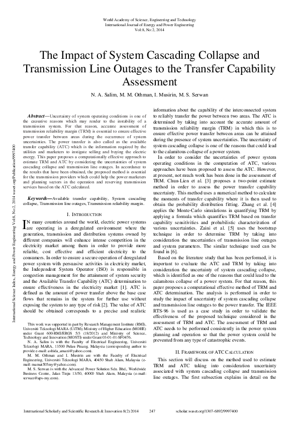 (PDF) The Impact Of System Cascading Collapse And Transmission Line Outages To The Transfer ...
