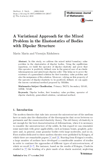 (PDF) A Variational Approach for the Mixed Problem in the Elastostatics of Bodies with Dipolar ...