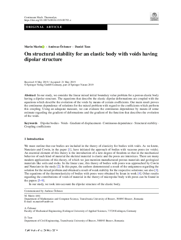 (PDF) On structural stability for an elastic body with voids having ...