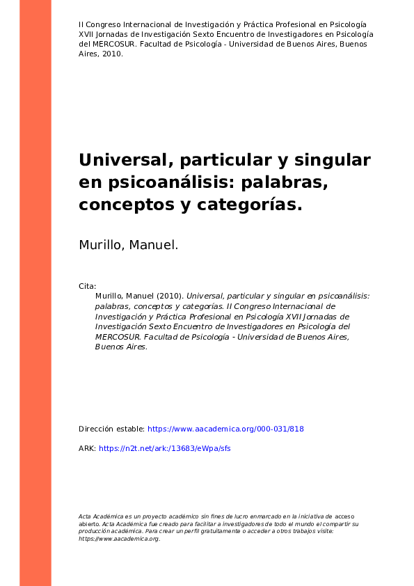 (PDF) Universal, Particular y Singular en Psicoanálisis: Palabras ...
