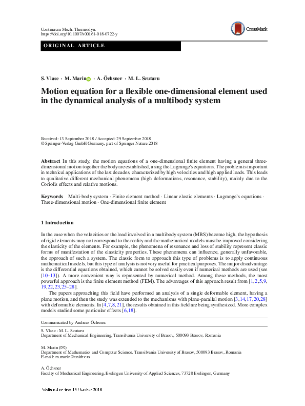Pdf Motion Equation For A Flexible One Dimensional Element Used In The Dynamical Analysis Of A