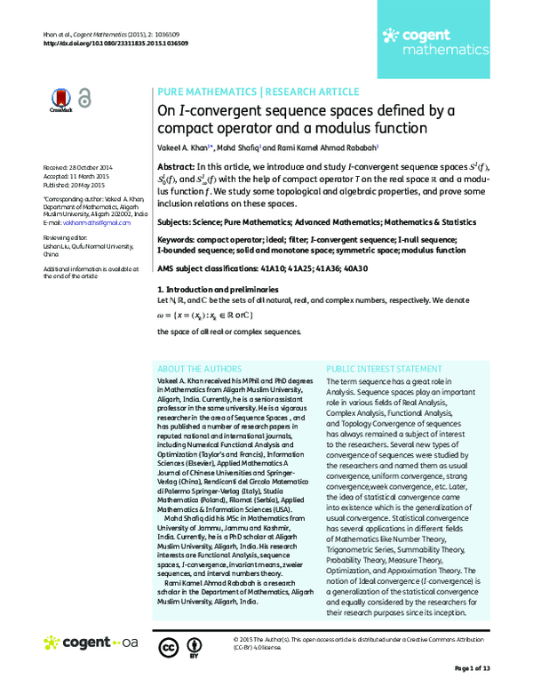 Pdf On I Convergent Sequence Spaces Defined By A Compact Operator And A Modulus Function
