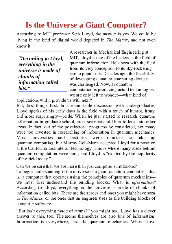 (PDF) Is the Universe a Giant Computer