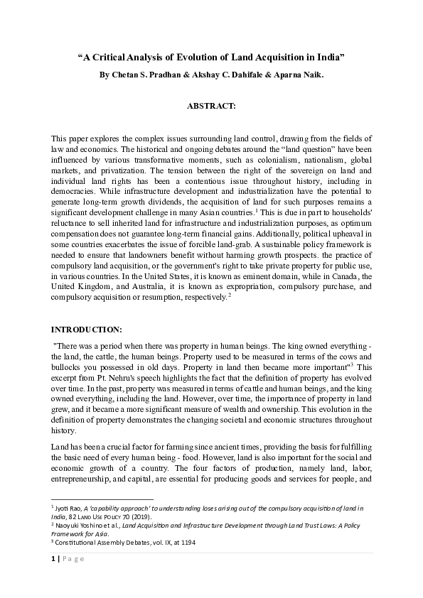 (PDF) "A Critical Analysis of Evolution of Land Acquisition in India"