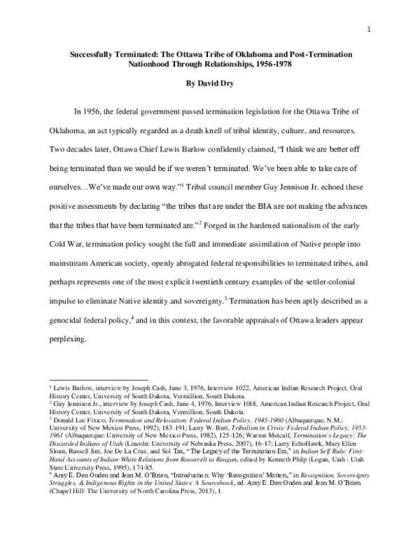 (PDF) Successfully Terminated: The Ottawa Tribe of Oklahoma and Post ...
