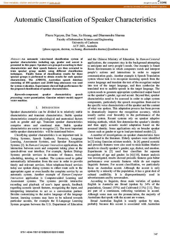 (PDF) Automatic classification of speaker characteristics