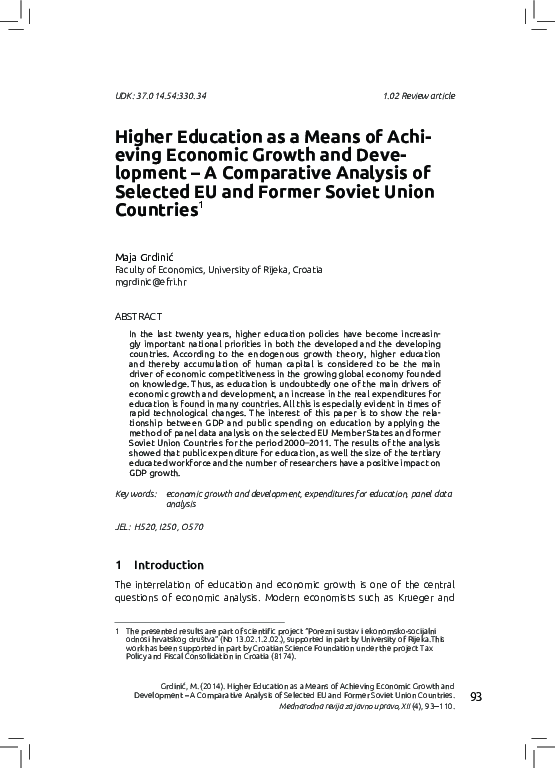 (PDF) Higher Education as a Means of Achieving Economic Growth and Development – A Comparative ...