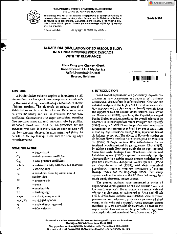 Pdf Numerical Simulation Of 3d Viscous Flow In A Linear Compressor