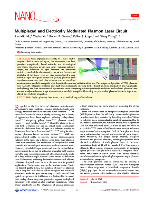 (PDF) Multiplexed and Electrically Modulated Plasmon Laser Circuit