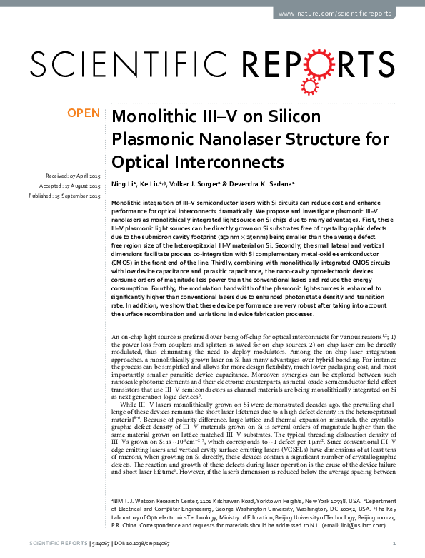 (PDF) Monolithic III-V on Silicon Plasmonic Nanolaser Structure for ...
