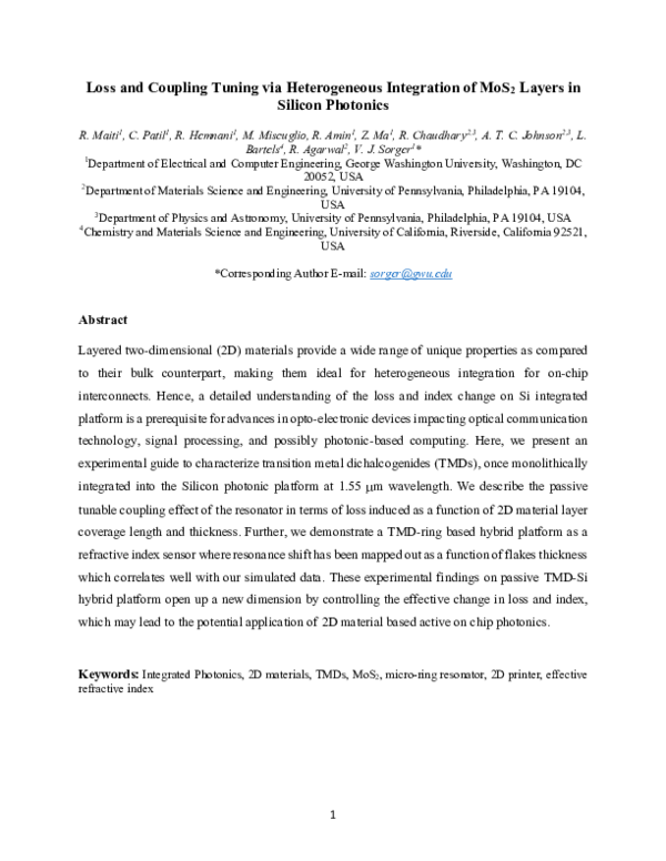 (PDF) Loss and coupling tuning via heterogeneous integration of MoS2 layers in silicon photonics ...