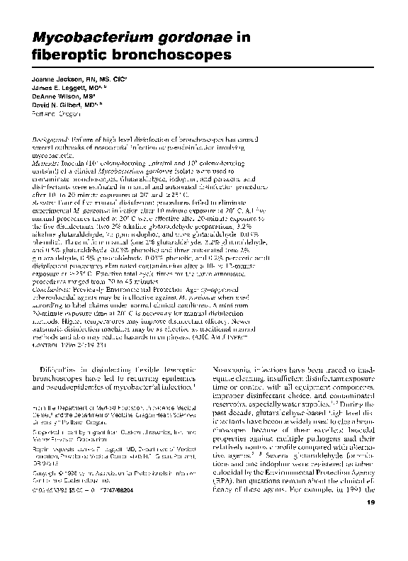 (PDF) Mycobacterium gordonae in fiberoptic bronchoscopes