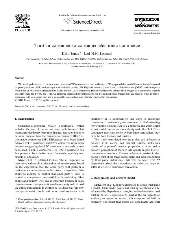 Pdf Trust In Consumer To Consumer Electronic Commerce