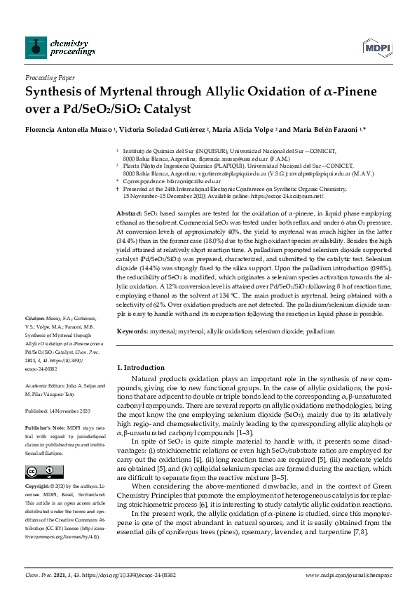 (PDF) Synthesis of Myrtenal through Allylic Oxidation of α-Pinene over a Pd/SeO2/SiO2 Catalyst ...