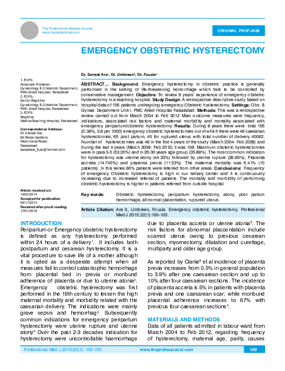 (PDF) Emergency Obstetric Hysterectomy