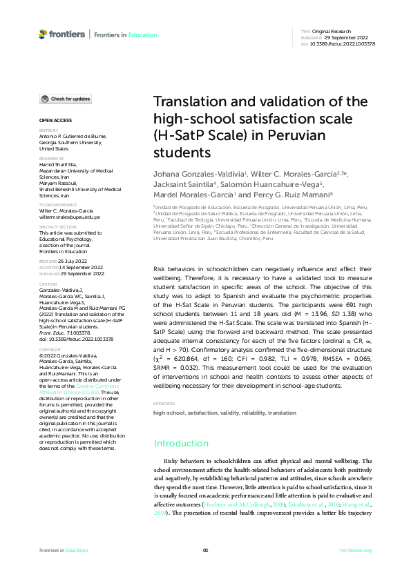 (PDF) Translation and validation of the high-school satisfaction scale ...