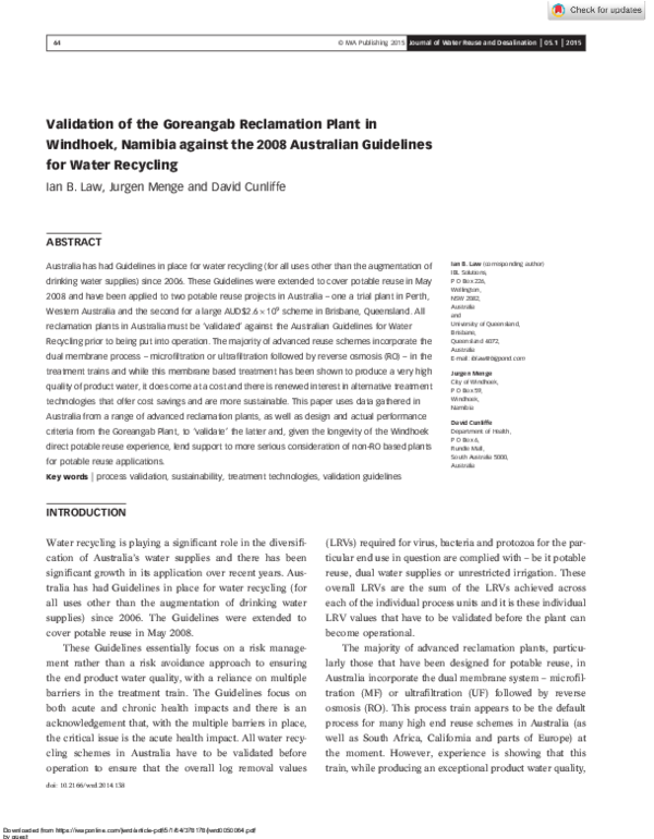 (PDF) Validation of the Goreangab Reclamation Plant in Windhoek ...