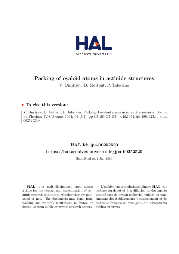 (PDF) Packing of ovaloïd atoms in actinide structures